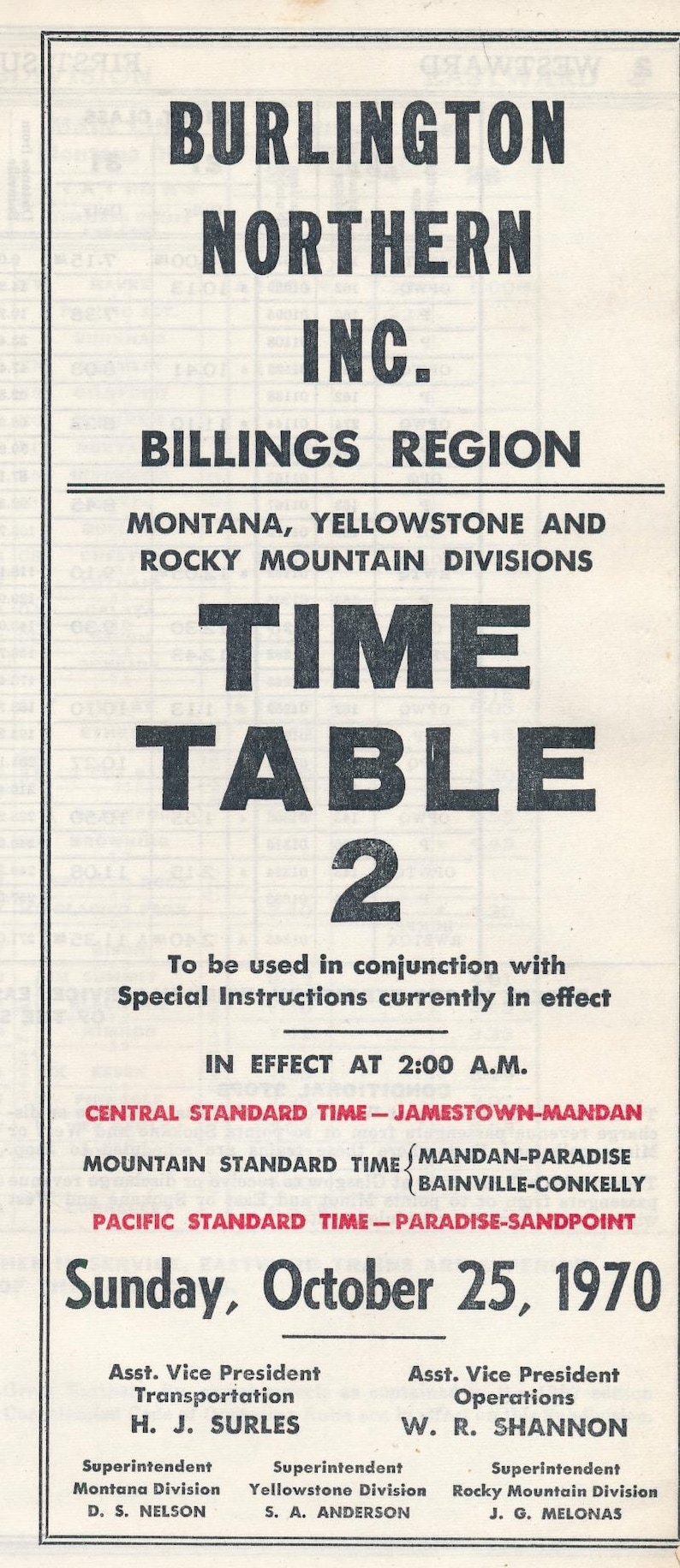 Burlington Northern Railroad Billings Region Employee Timetable 2 ...