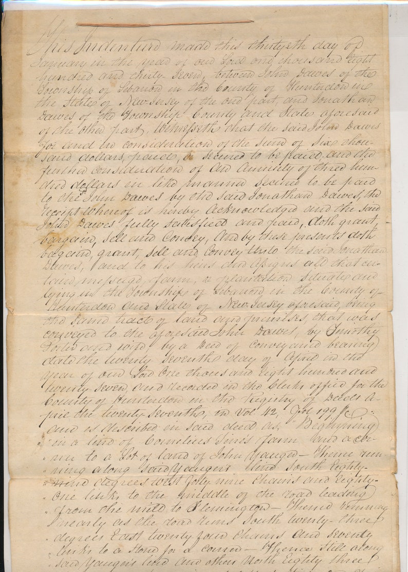 Antique Deed of Assignment Hunterdon County New Jersey November 5, 1881 ...