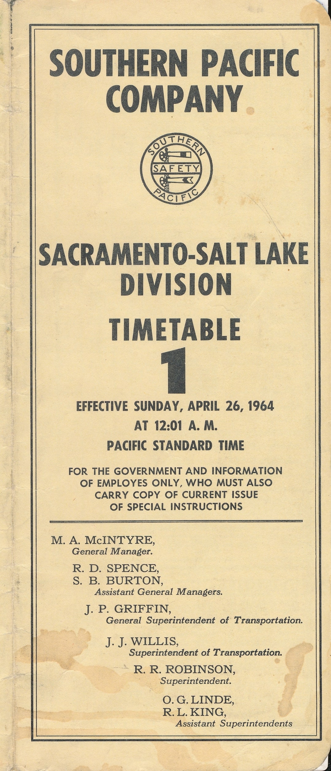 Southern Pacific Railroad Sacramento and Salt Lake Divisions Timetable ...