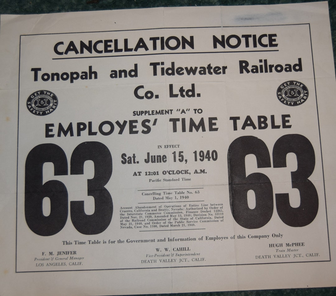 Tonopah and Tidewater Railroad Employee Timetable No. 63 Supplement A ...