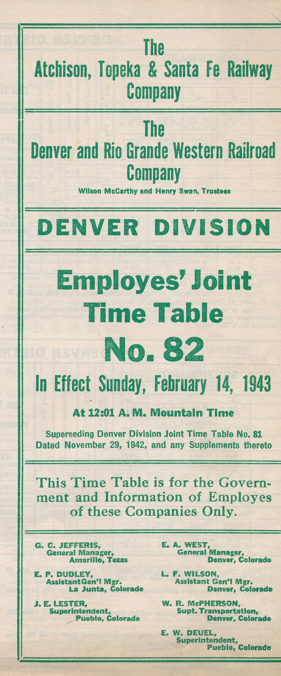 Santa Fe/rio Grande Joint Line Denver Division Timetable No. 82 ...