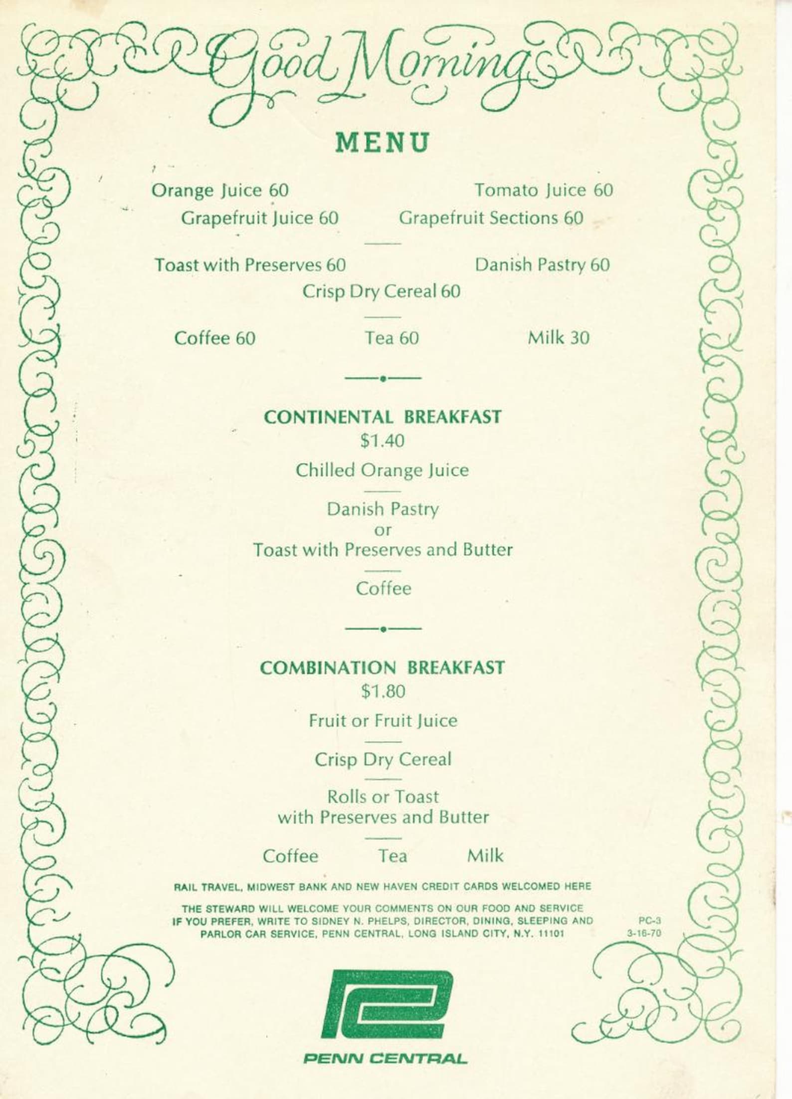 Dining Car Menus: Penn Central Railroad Breakfast Dining Car Menus Lot ...