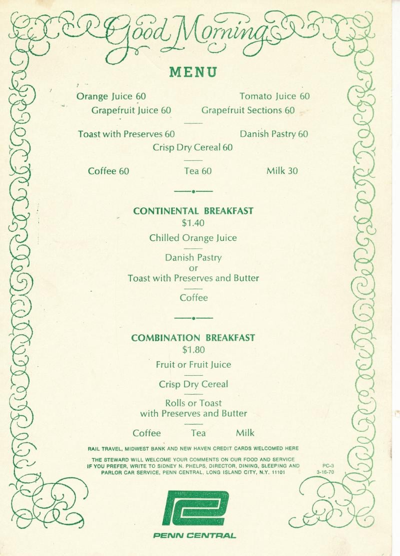 Dining Car Menus: Penn Central Railroad Breakfast Dining Car Menus Lot ...