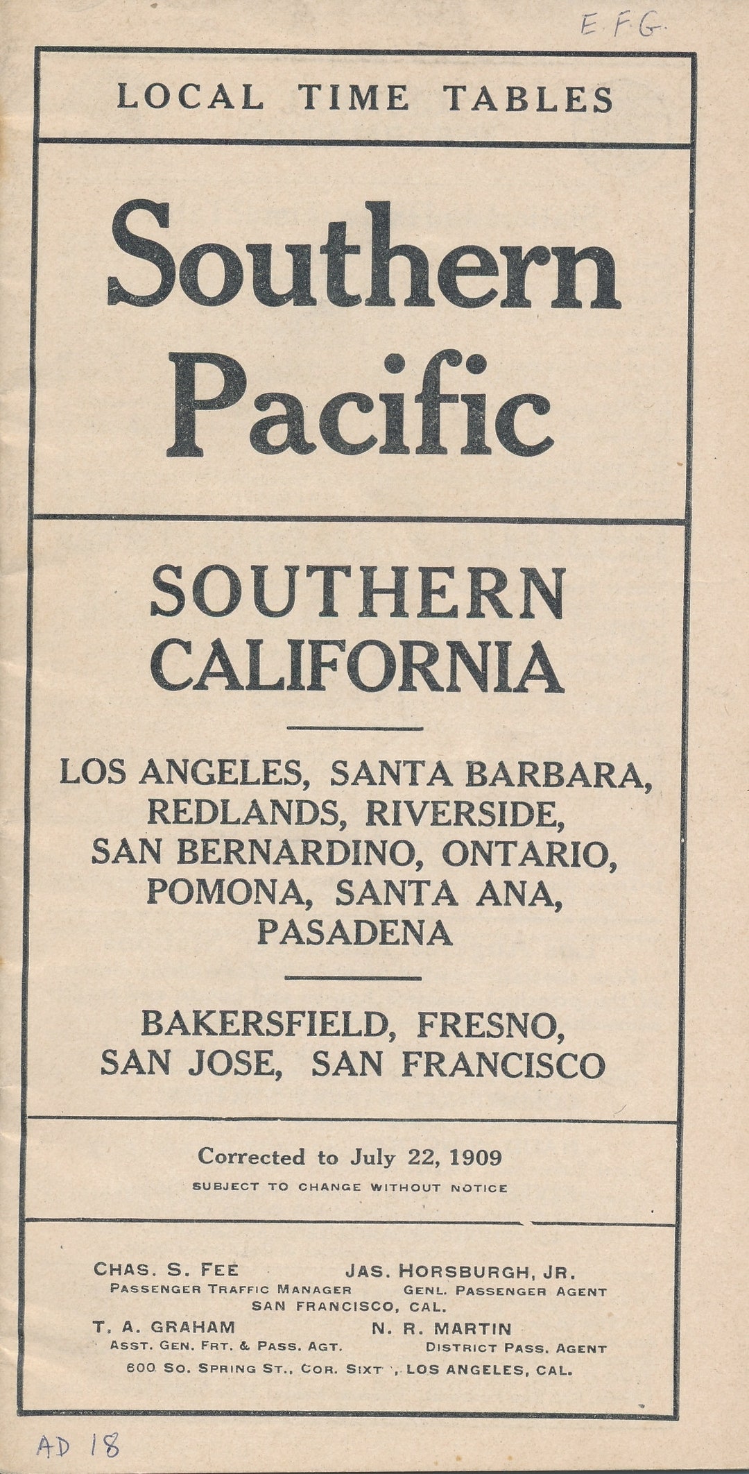 Southern Pacific Railroad Southern California Time Tables July 22, 1909 ...