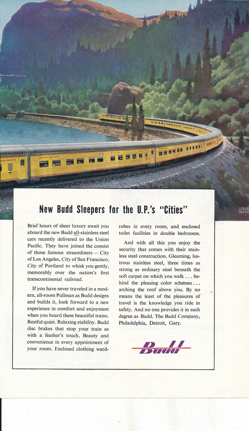 Budd Railcar Company 3 Print Ad's 1950's Promoting New Trains on The ...