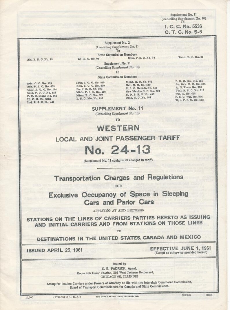 Western Pacific Railroad Passenger Train Tariff No. 24-13 June 1, 1961 ...