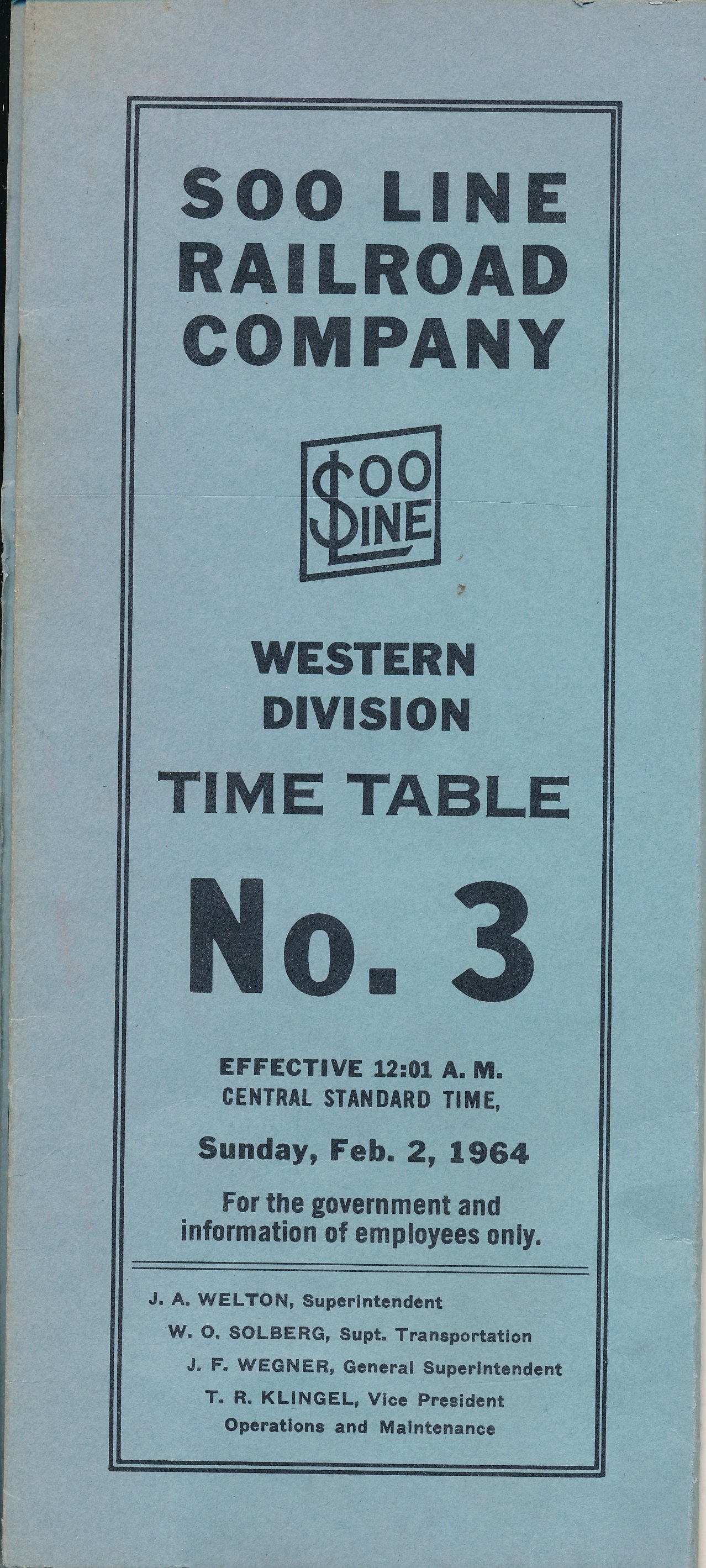 Soo Line Railroad Employee Timetable No. 3 Western Division February 2 ...