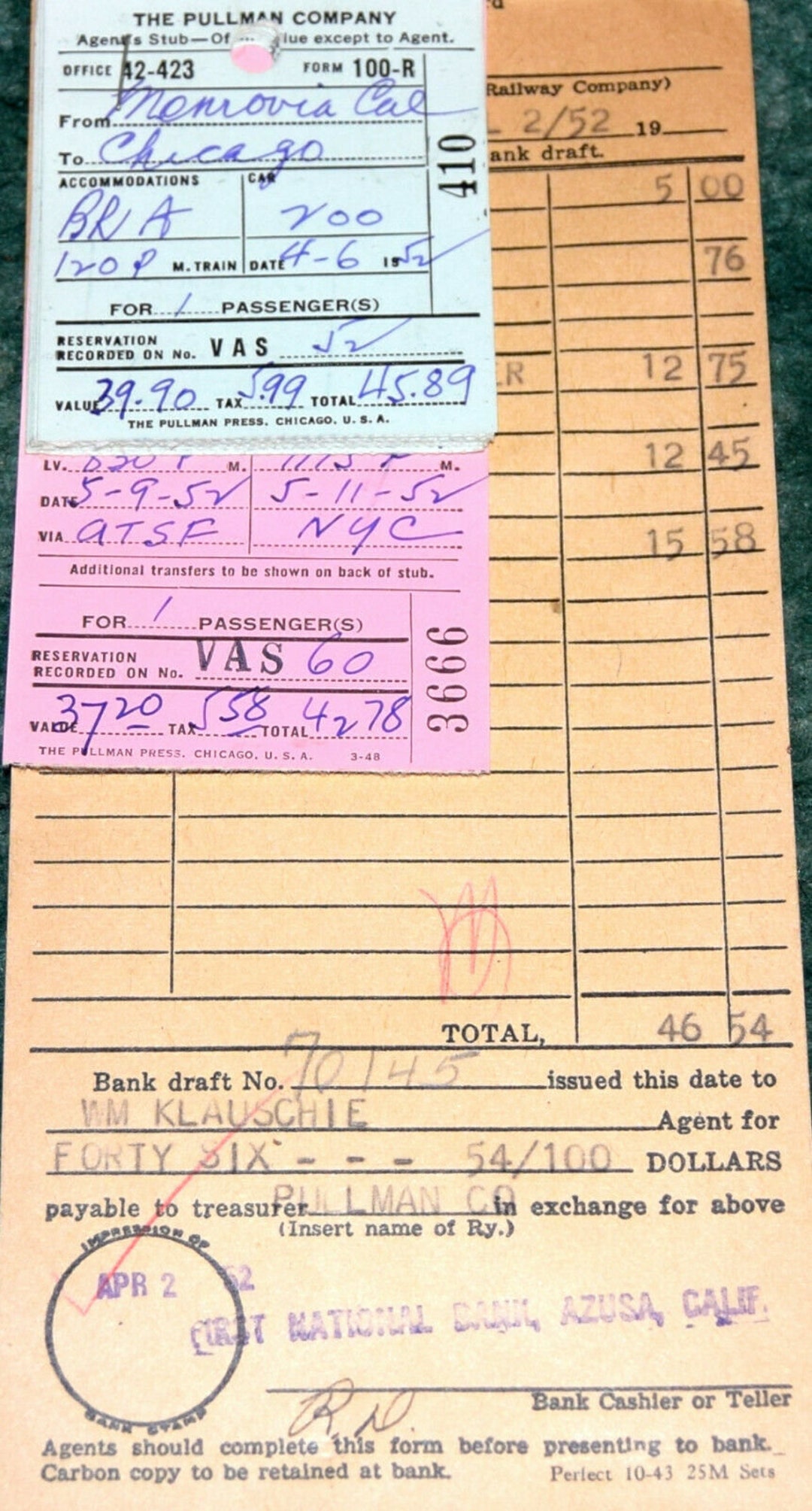 Pullman Co Agent ATSF Form & Several Pullman Agent's Tickets and ...