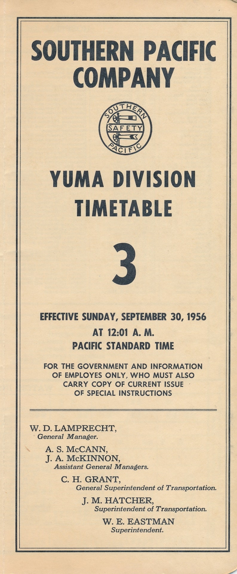 Southern Pacific Employee Timetable 3 Yuma Division September 30, 1956 ...