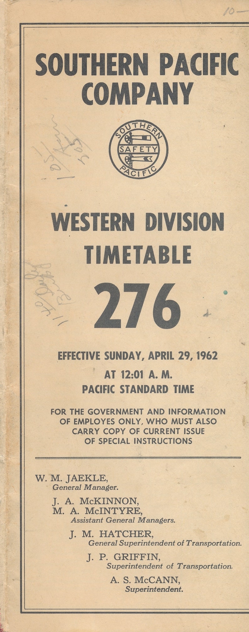 Southern Pacific Railroad Western Division Timetable 276 April 29, 1962 ...
