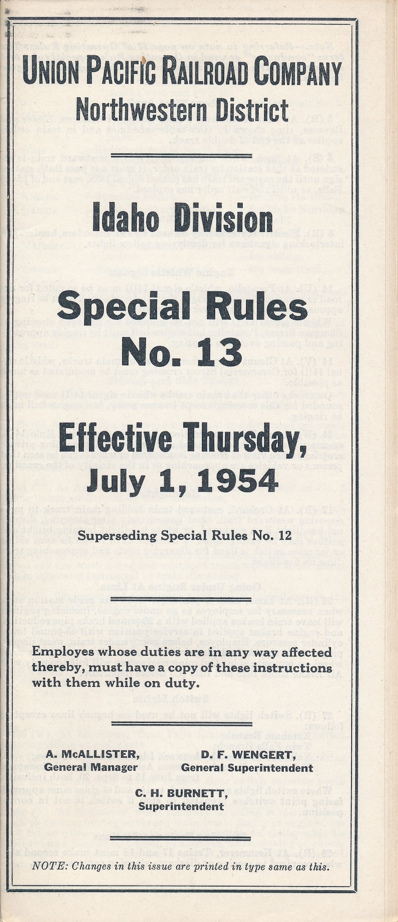 Union Pacific Railroad Idaho Division Special Rules No. 13 July 1, 1954 ...