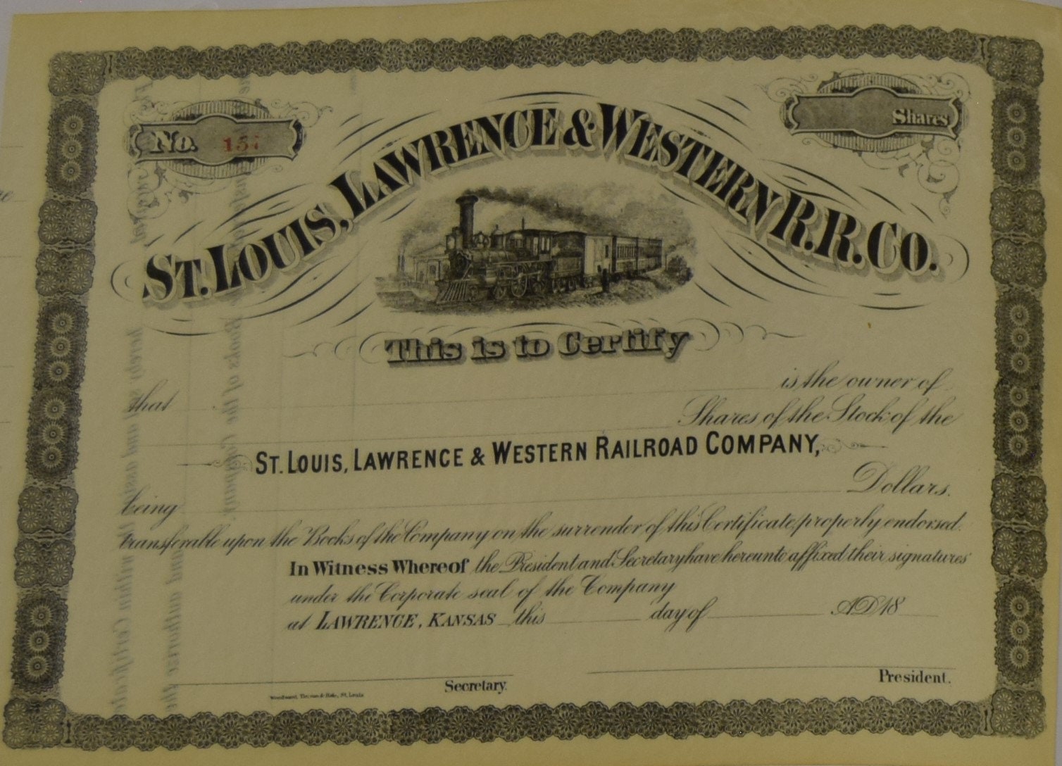 St. Louis , Lawrence and Western Railroad Company Stock Certificate ...