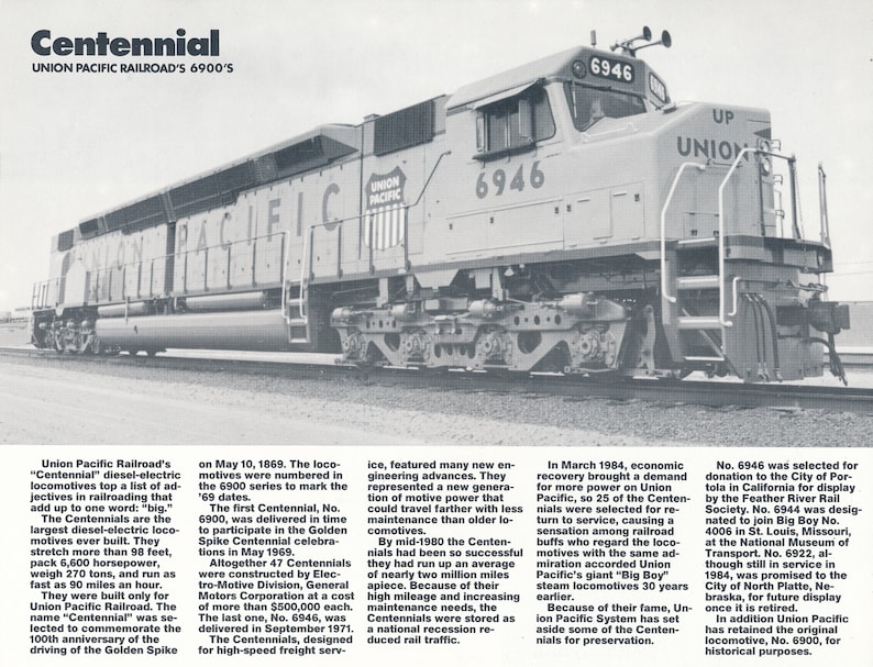 Union Pacific Railroad Centennial Engine Fact Sheet - Etsy