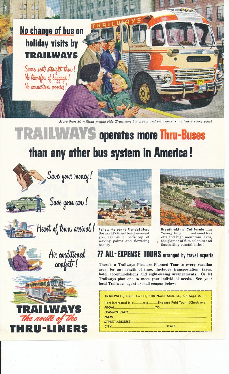Trailways Bus Company 2 Magazine Ads From the 1950's - Etsy