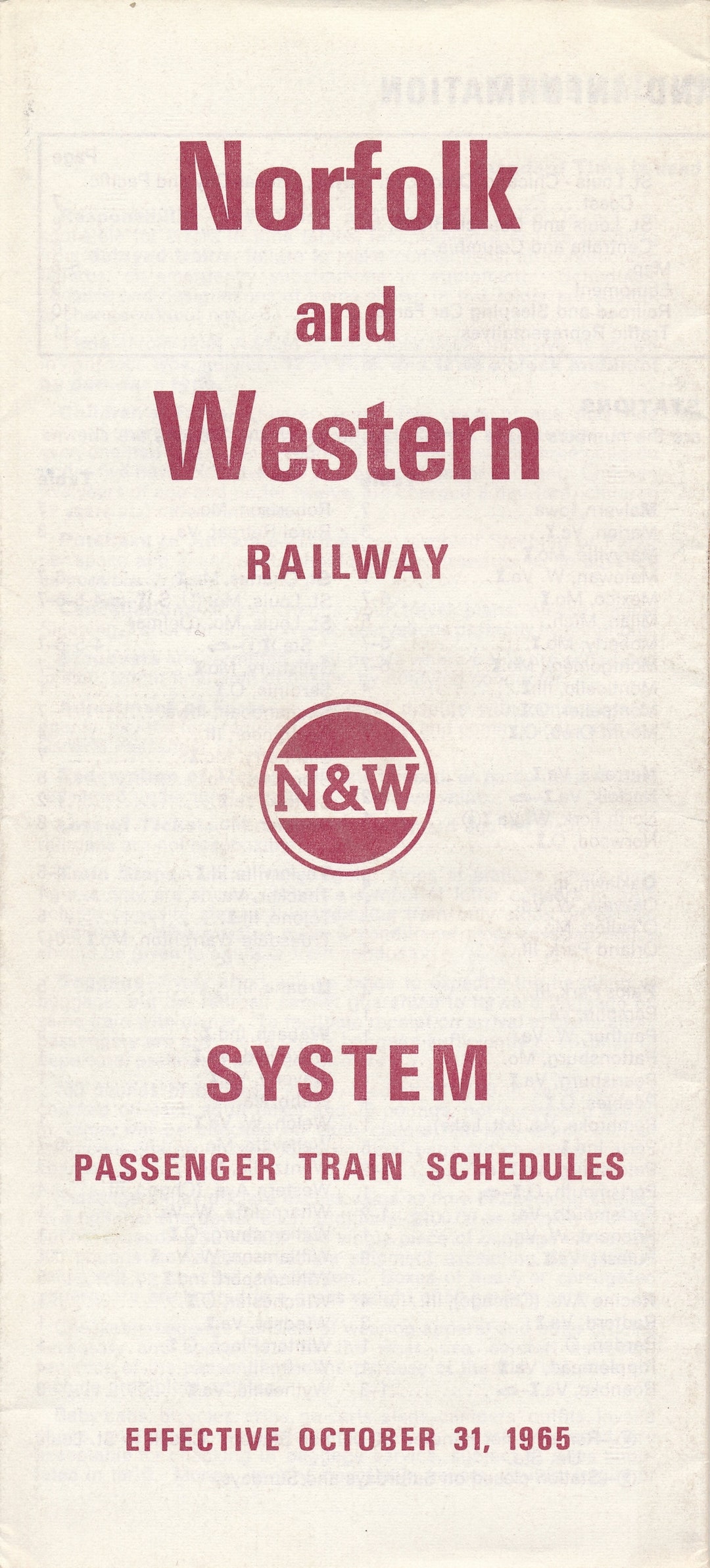 Norfolk and Western Railway Public Timetable October 31, 1965 - Etsy