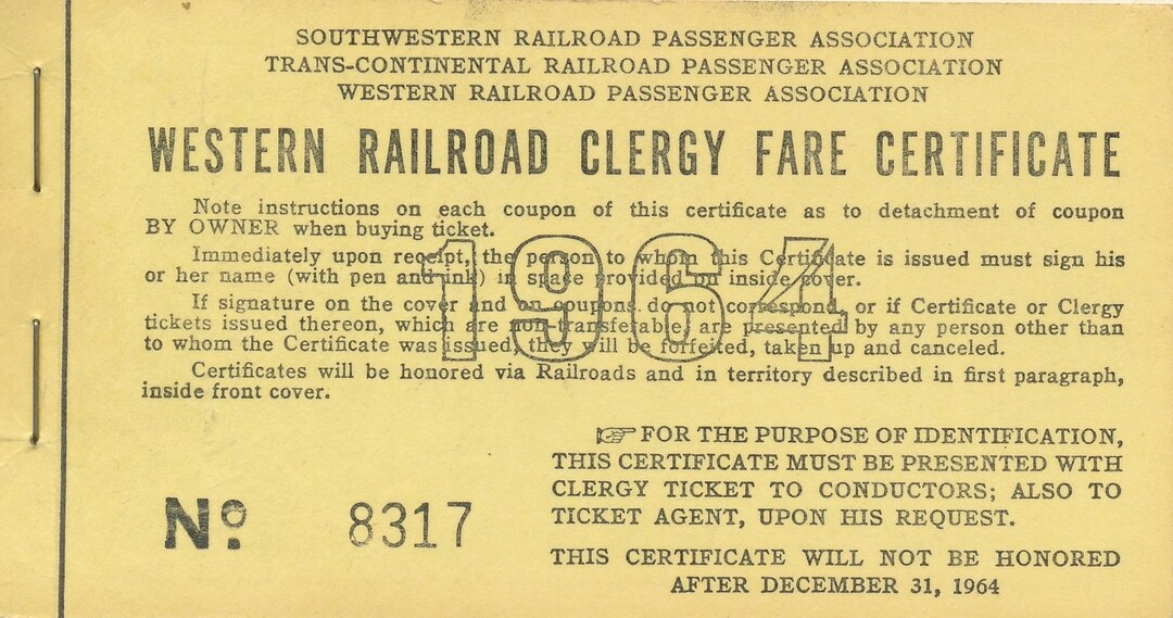 Western Clergy Fare Certificate Booklet for 1964 - Etsy