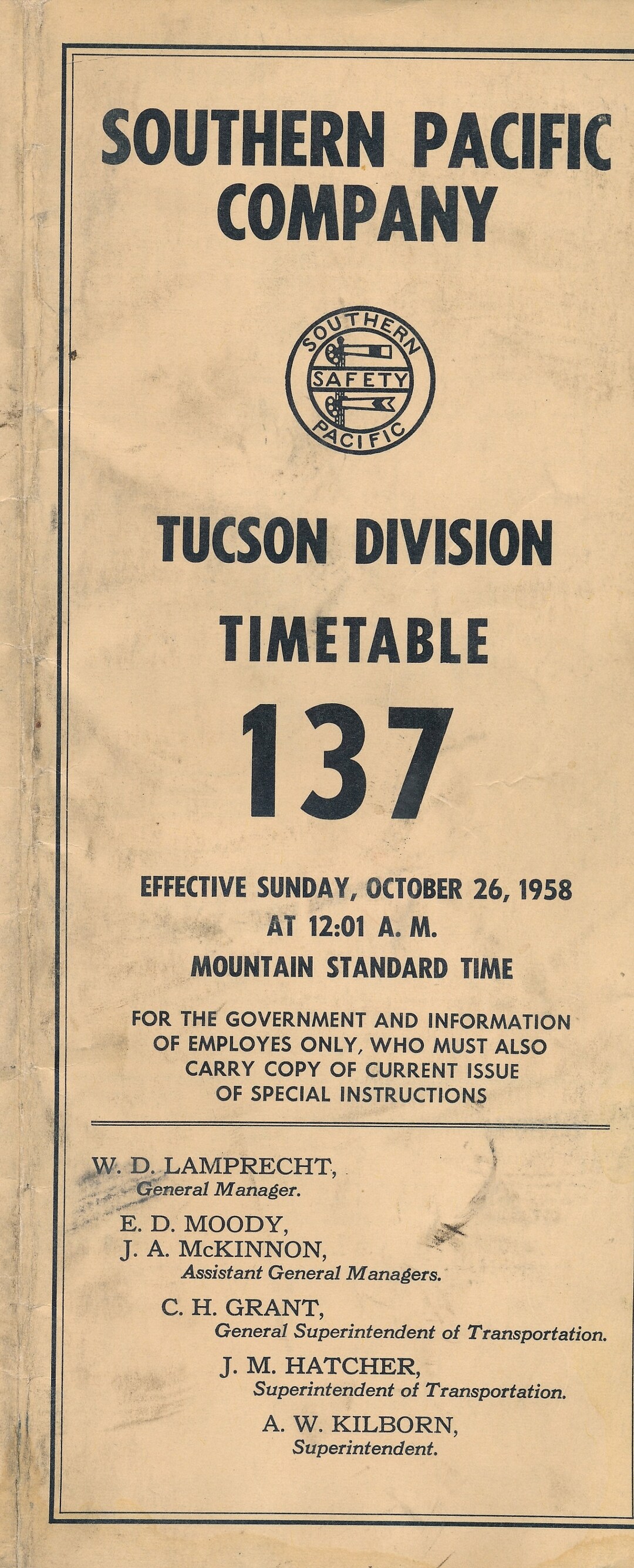 Southern Pacific Railroad Tucson Division Timetable 137 - Etsy