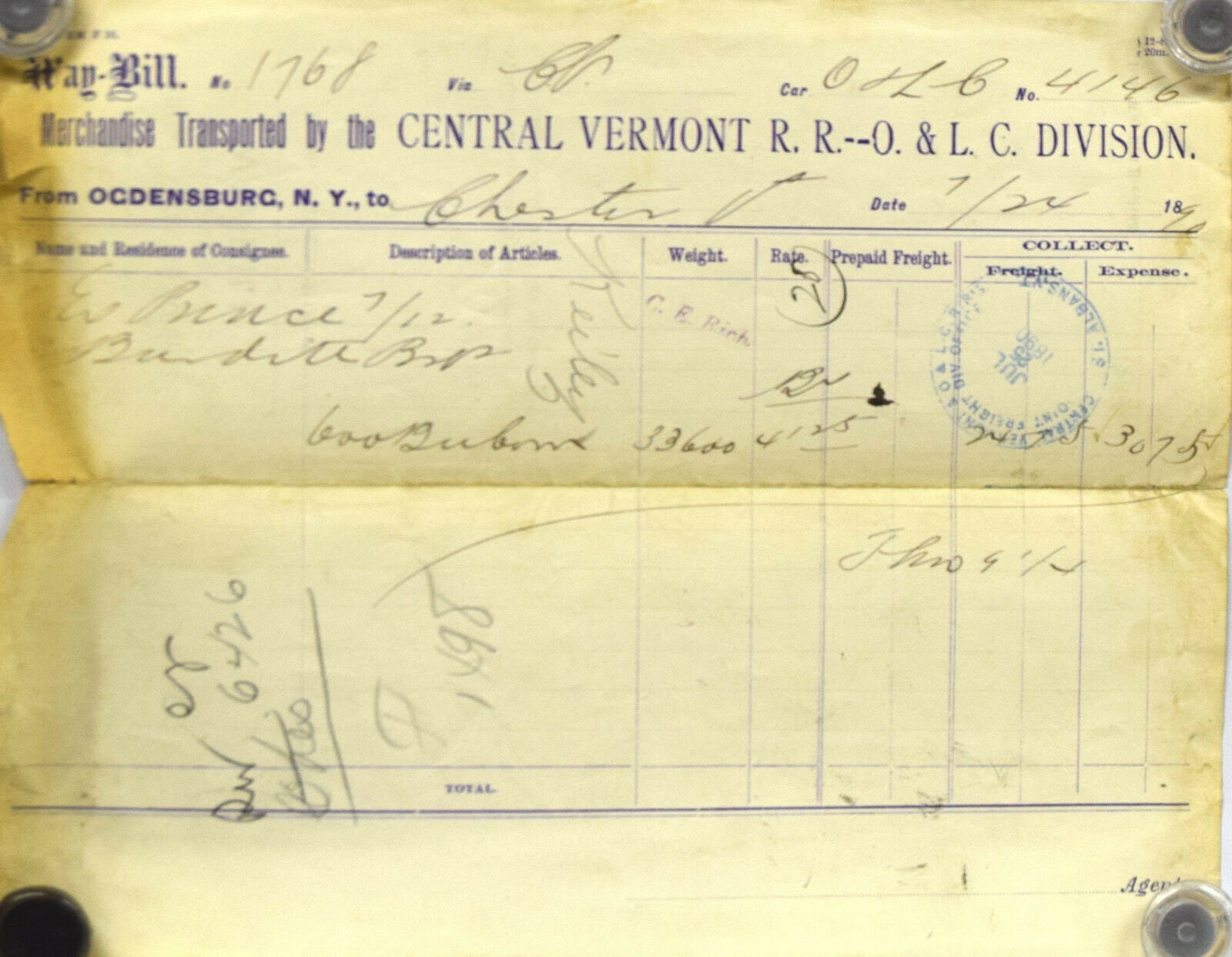 Central Vermont Railroad Waybill O&LC Division July 24, 1890 - Etsy