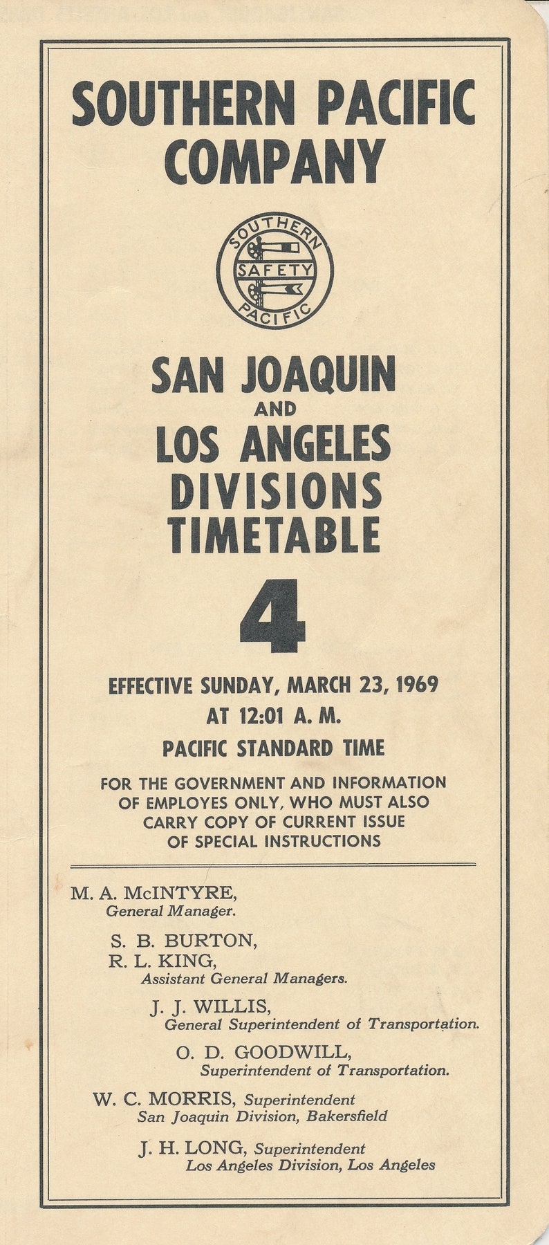 Southern Pacific Employee Timetable 4 San Joaquin and Los Angeles ...