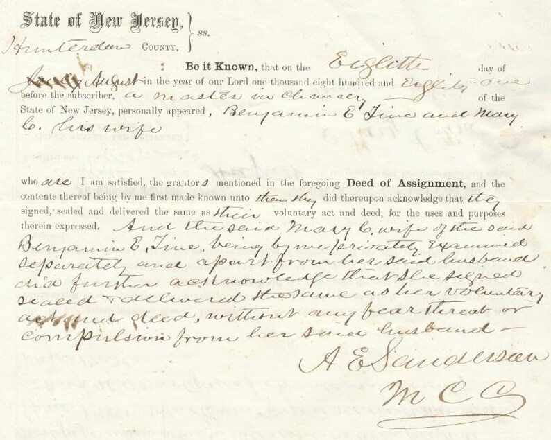1881 Antique Deed of Assignment Hunterdon County State of New Jersey ...