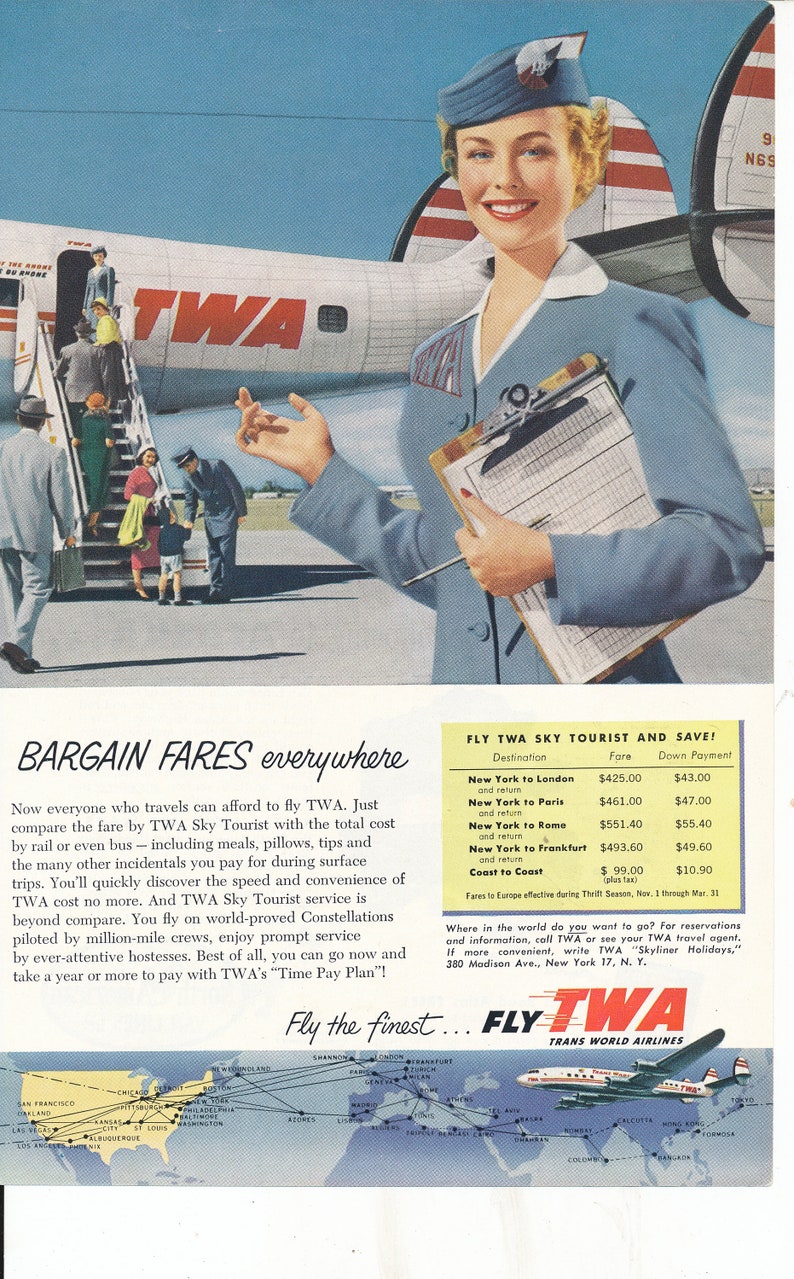 TWA Magazine Print Ads From the 1950's Lot of 3 Ad's - Etsy