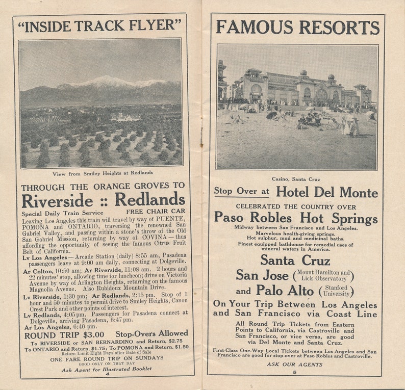Southern Pacific Railroad Southern California Time Tables July 22, 1909 ...
