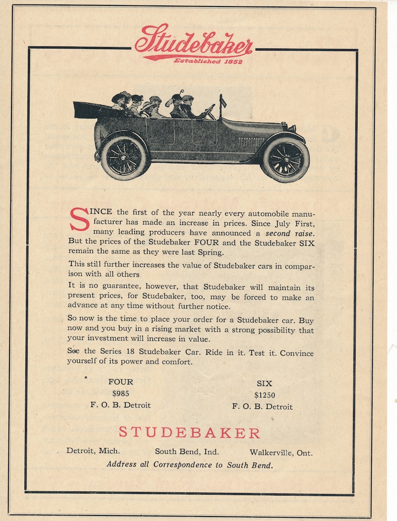 5 Vintage Studebaker Print Ads From the 1910's - Etsy