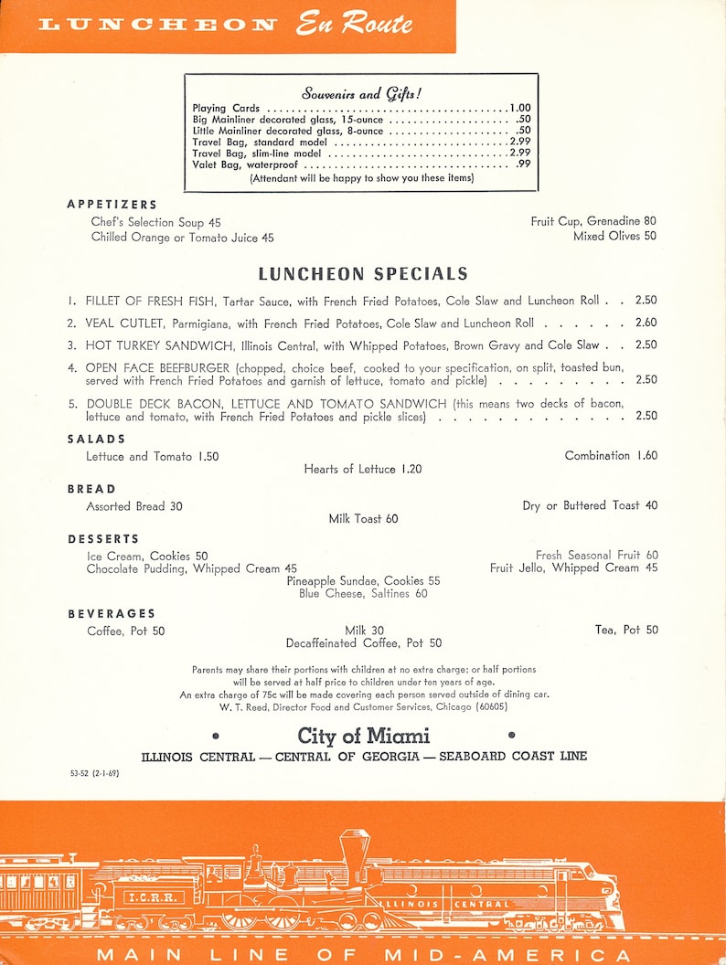Dining Car Menu: Illinois Central City of Miami Lunch Menu - Etsy