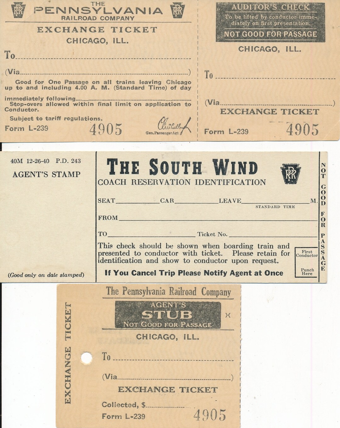 Pennsylvania Railroad Lot of 3 Ticket Items: 2 Exchange Ticket Coupons ...