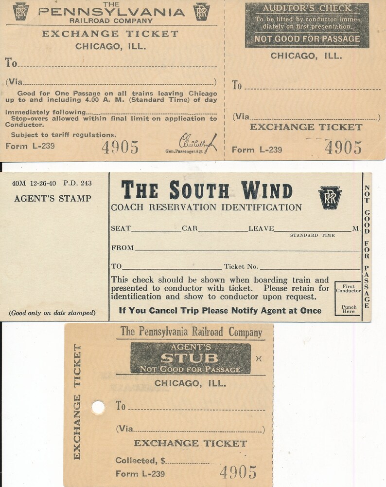 Pennsylvania Railroad Lot of 3 Ticket Items: 2 Exchange Ticket Coupons ...