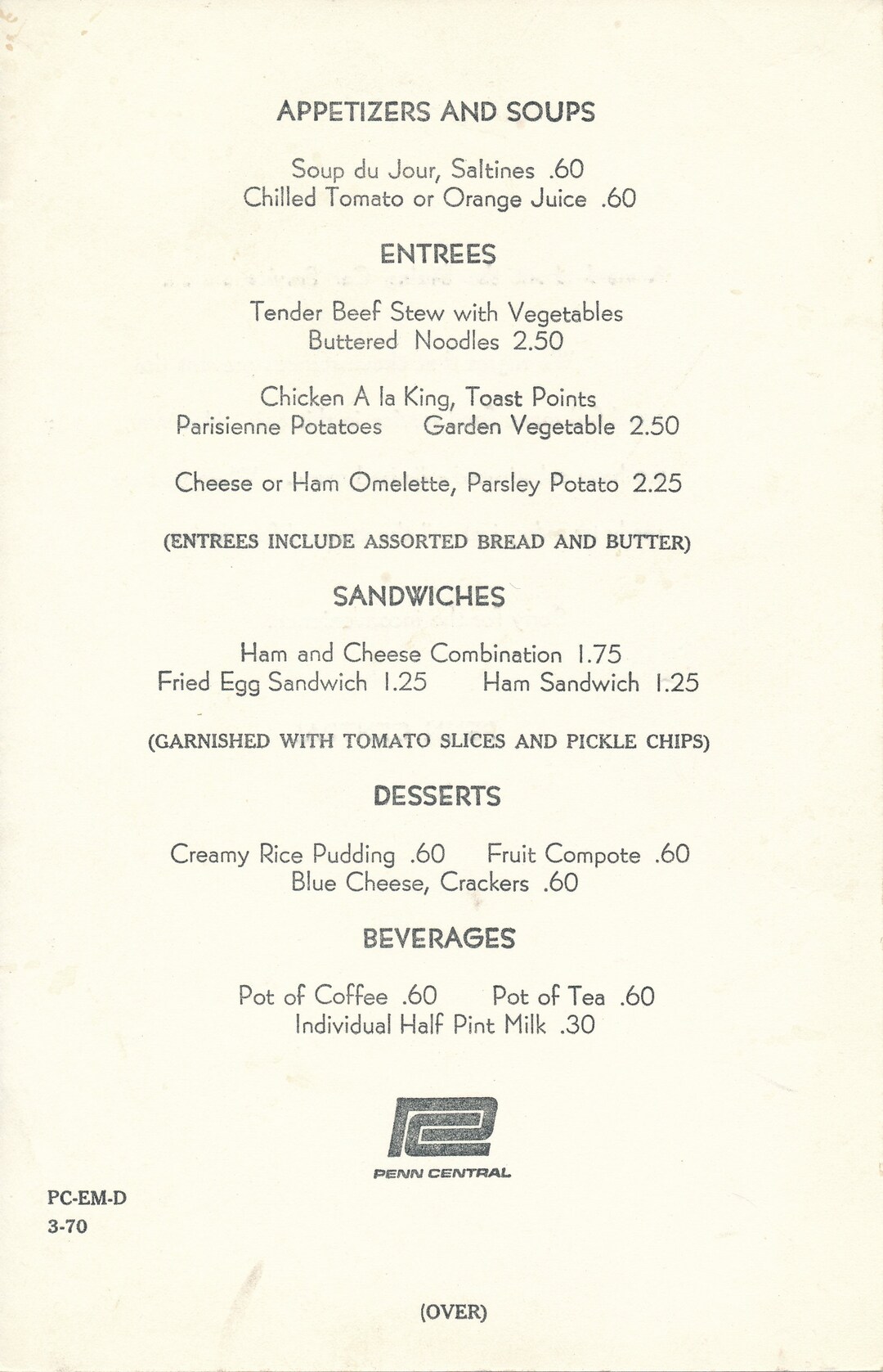 Dining Car Menu: Penn Central Appetizers and Soups Menu - Etsy