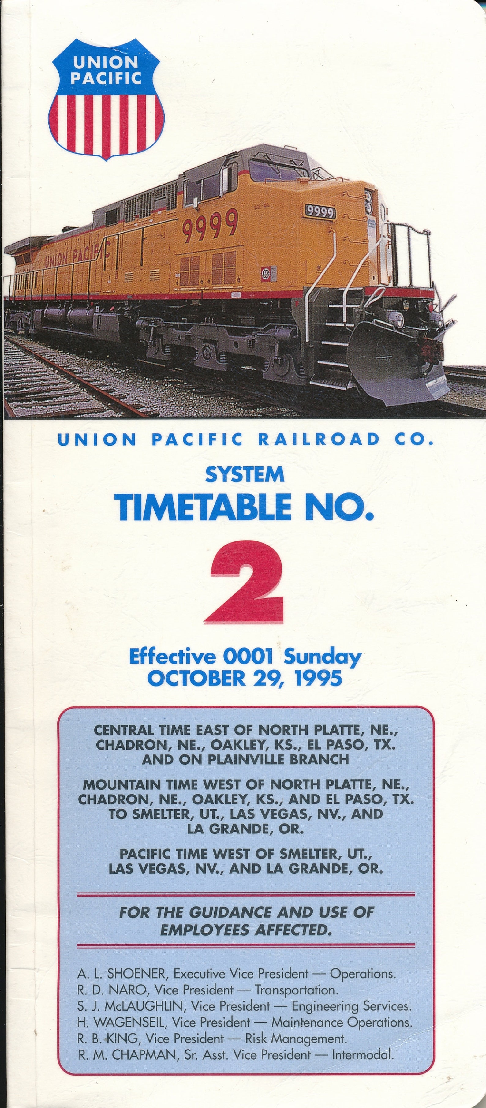 Union Pacific Railroad Employee System Timetable No. 2 October 29, 1995 ...
