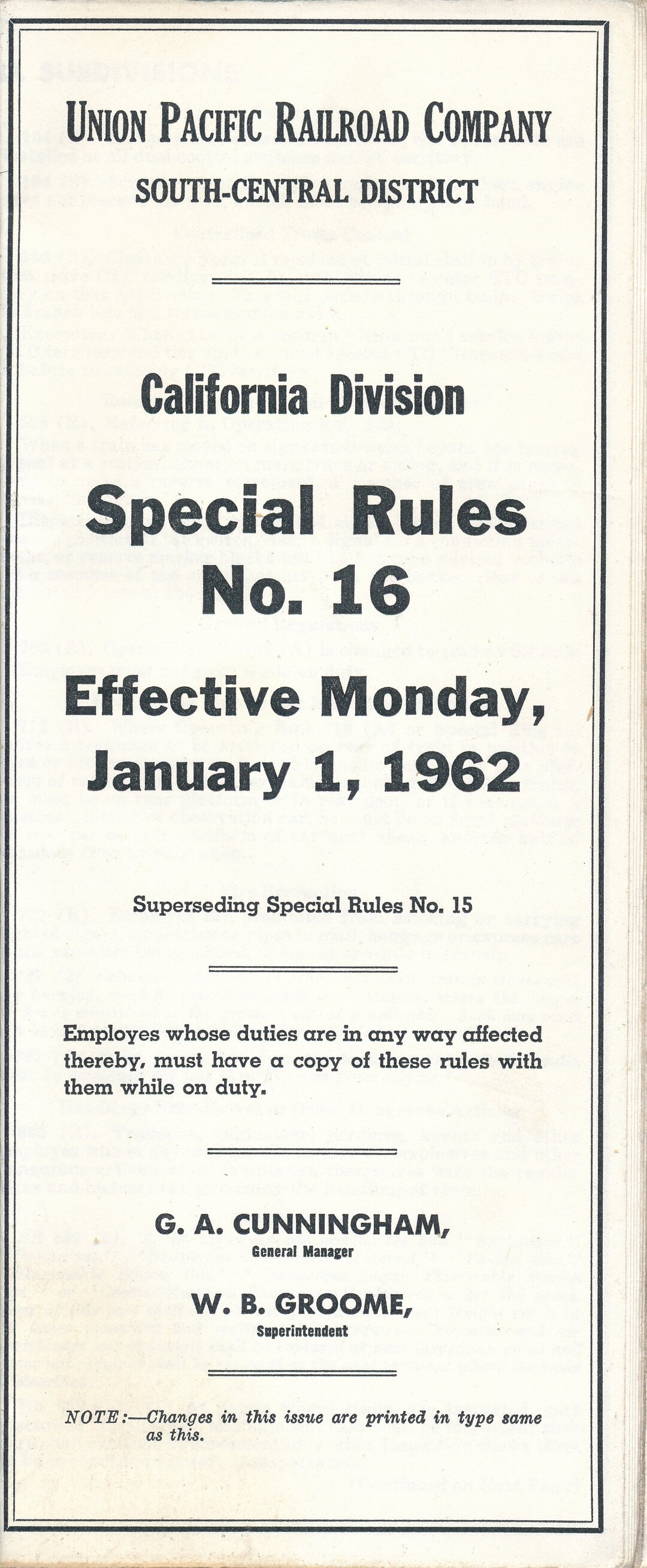 Union Pacific Railroad Special Rules No. 16 January 1, 1962 California ...