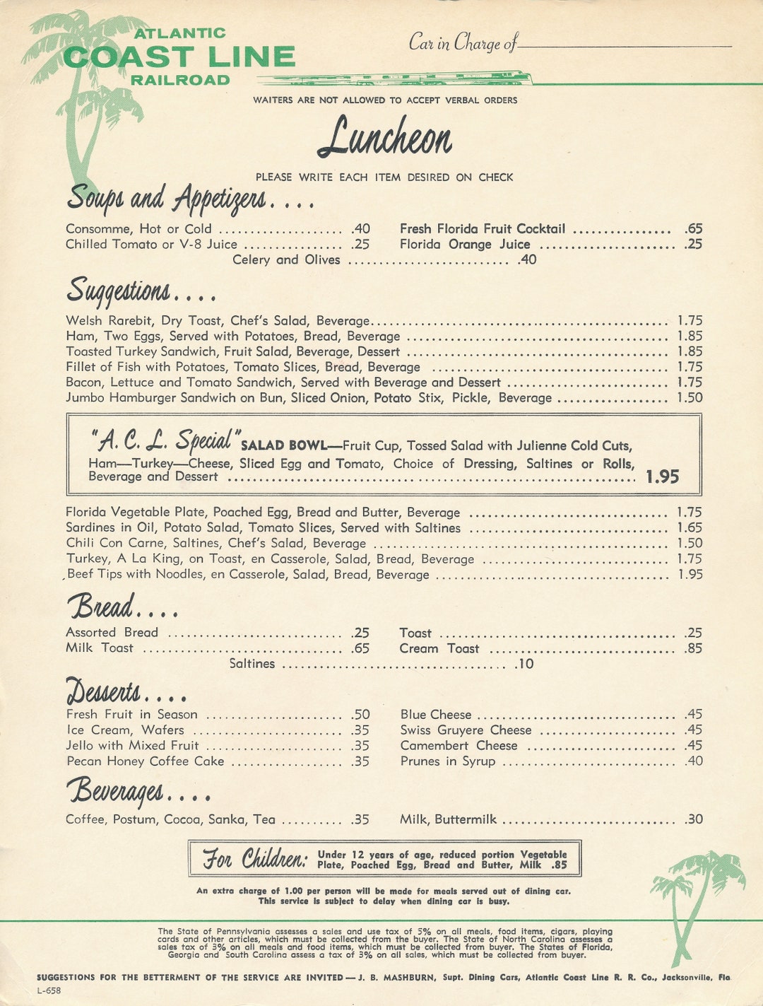 Dining Car Menu: Atlantic Coast Line Lunch Menu - Etsy