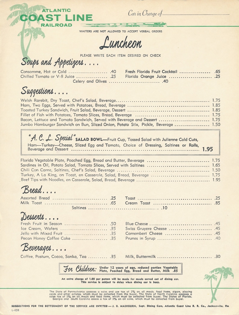 Atlantic Coast Line Lunch Menu - Etsy