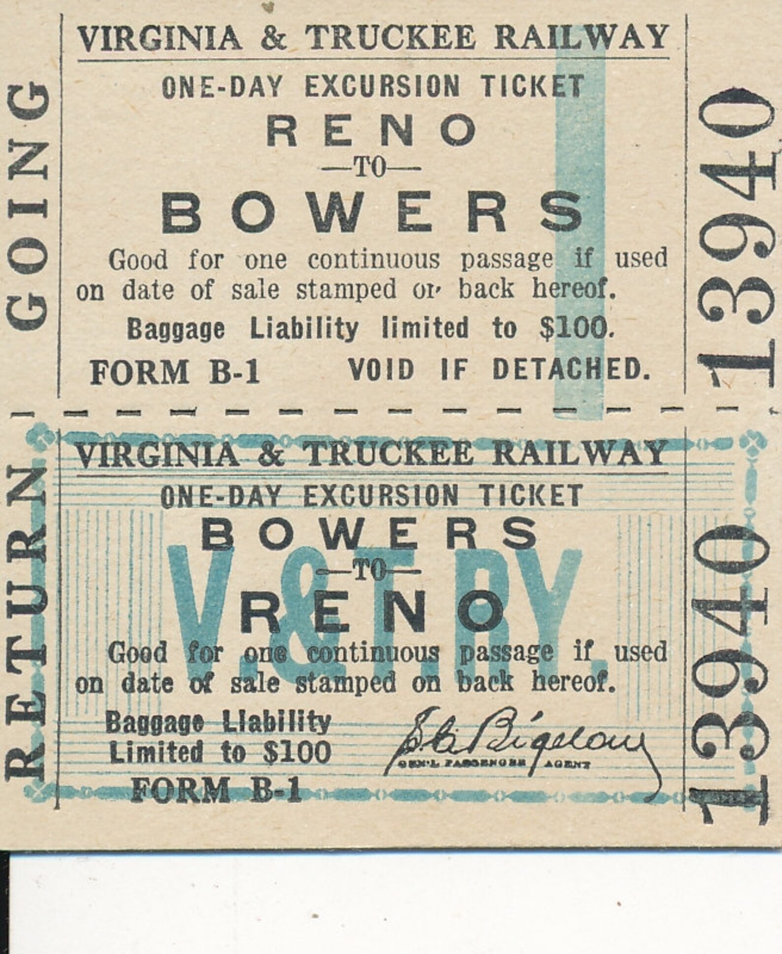 Virginia & Truckee Railroad Unused Roundtrip One Day Excursion Ticket ...