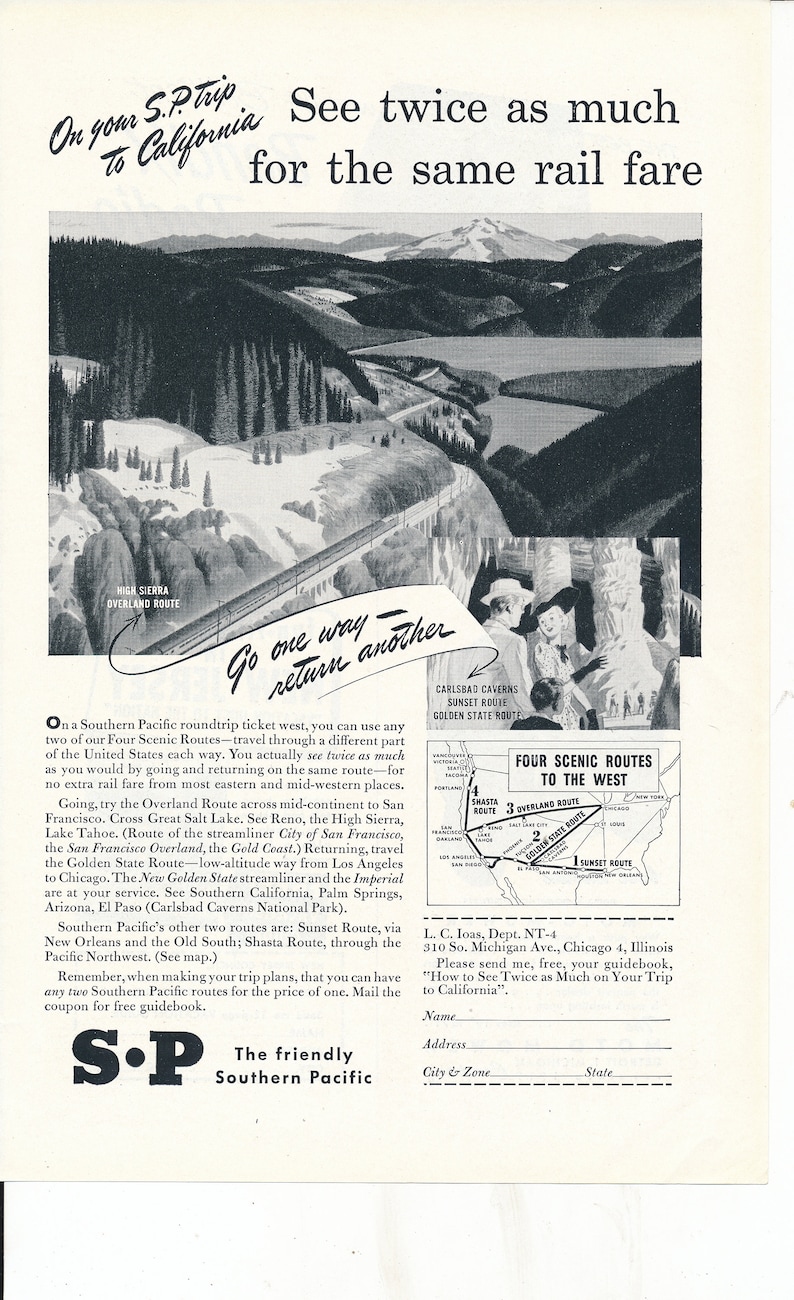 Southern Pacific Railroad 3 Magazine Print Ads From 1910's, 1920's and ...