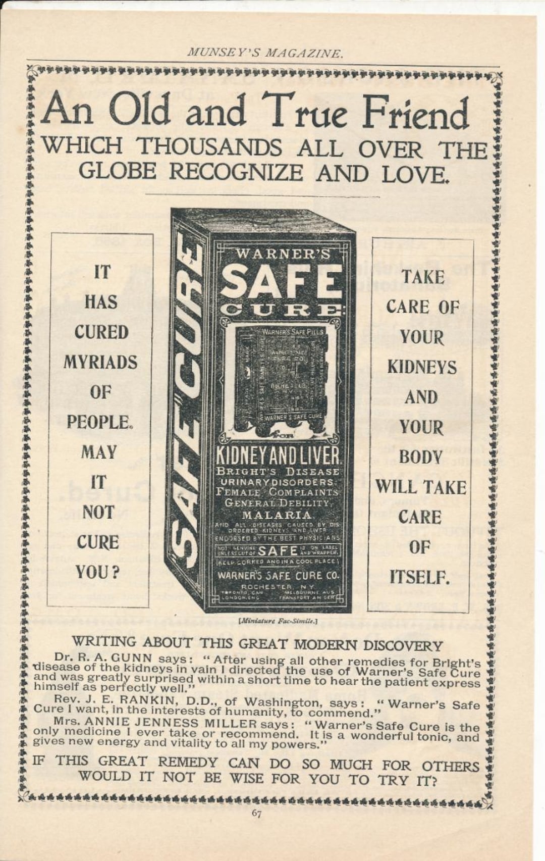 Warner's Safe Cure for Kidney and Liver (quack Medicine) Magazine Print ...