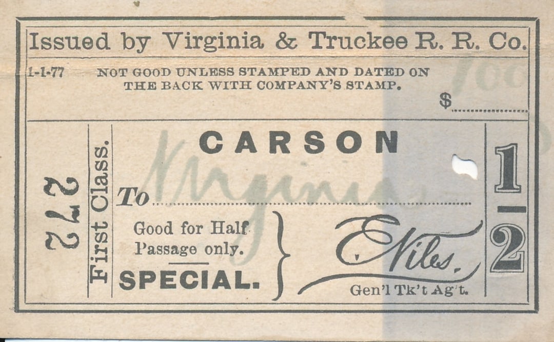 Virginia & Truckee Railroad One Way Ticket Carson to Virginia City ...