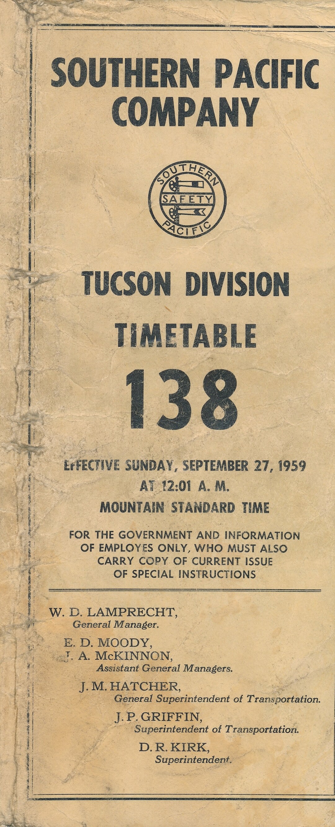 Southern Pacific Railroad Tucson Division Timetable 138 1959 - Etsy