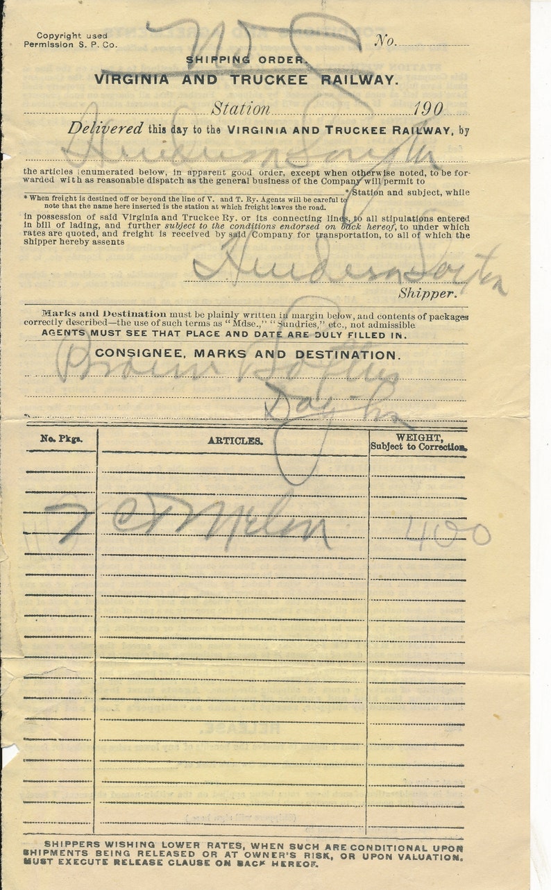 Virginia & Truckee Railway Shipping Order Not Dated - Etsy