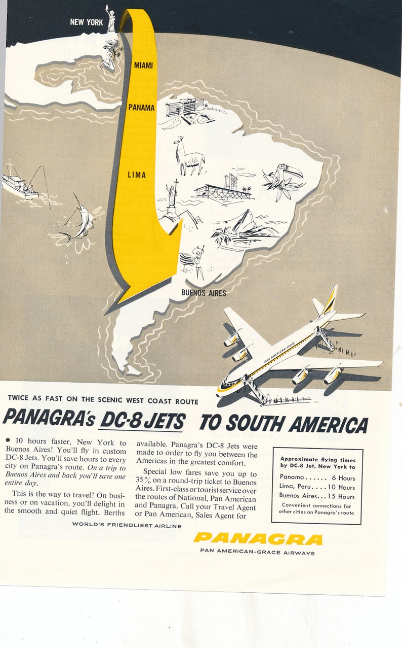 Panagra Airlines 4 Magazine Pring Ads From the 1950's - Etsy