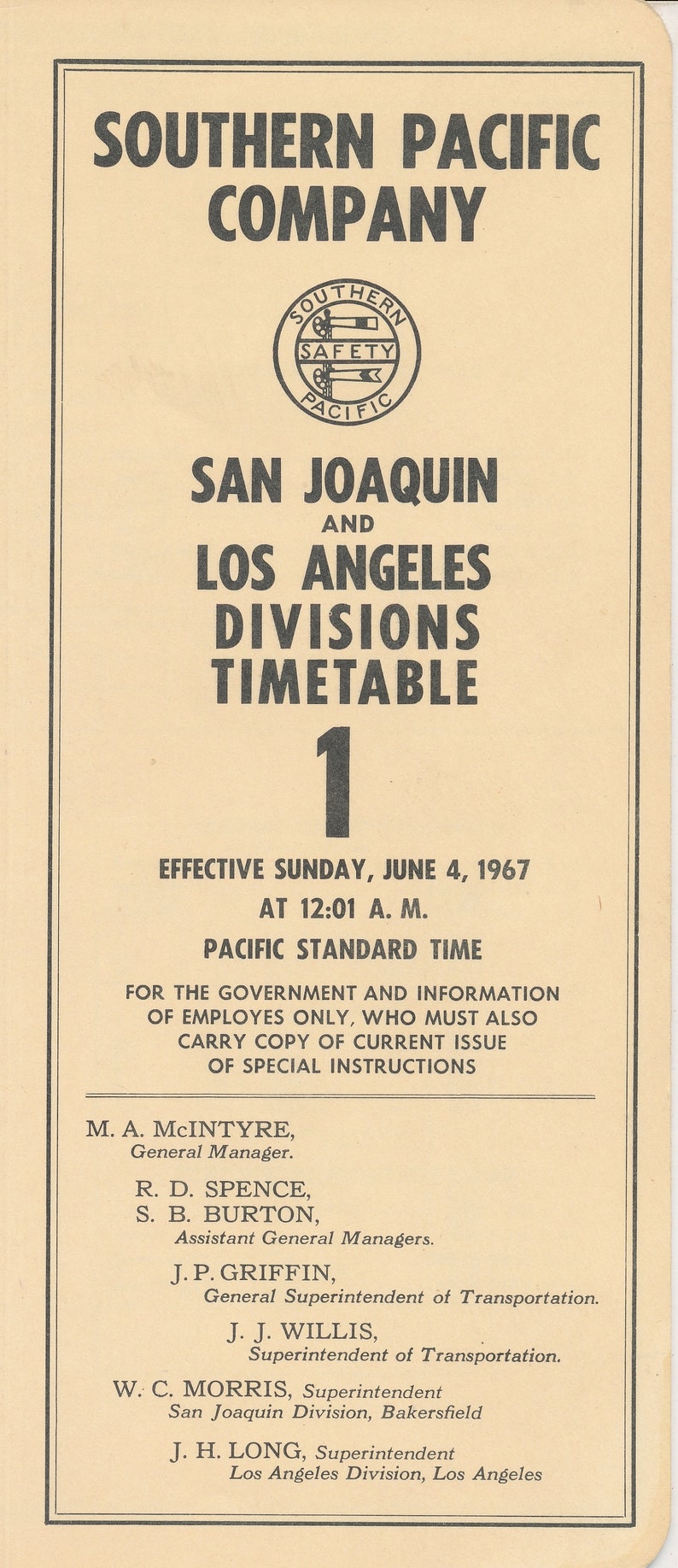Southern Pacific Employee Timetable 1 San Joaquin and Los Angeles ...