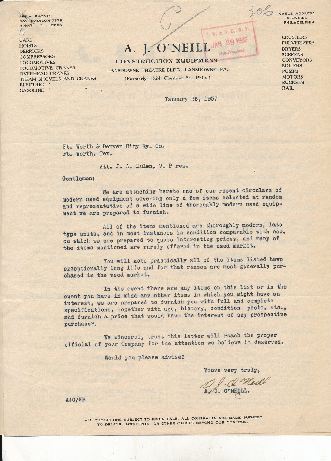 A.J. O'neill Letter to the Fort Worth and Denver VP Dated 1937 ...