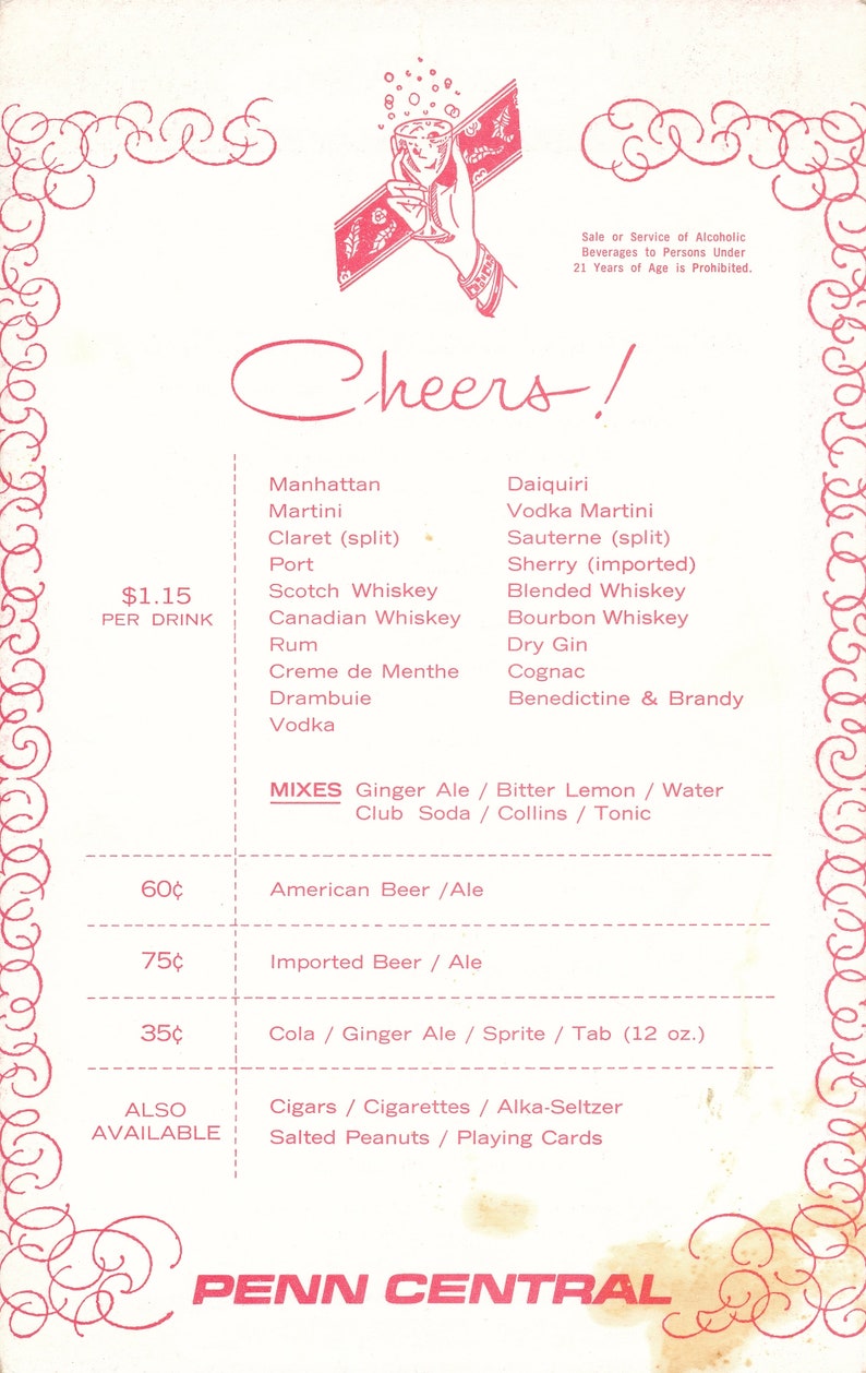 Penn Central Snack and Beverage Menu - Etsy