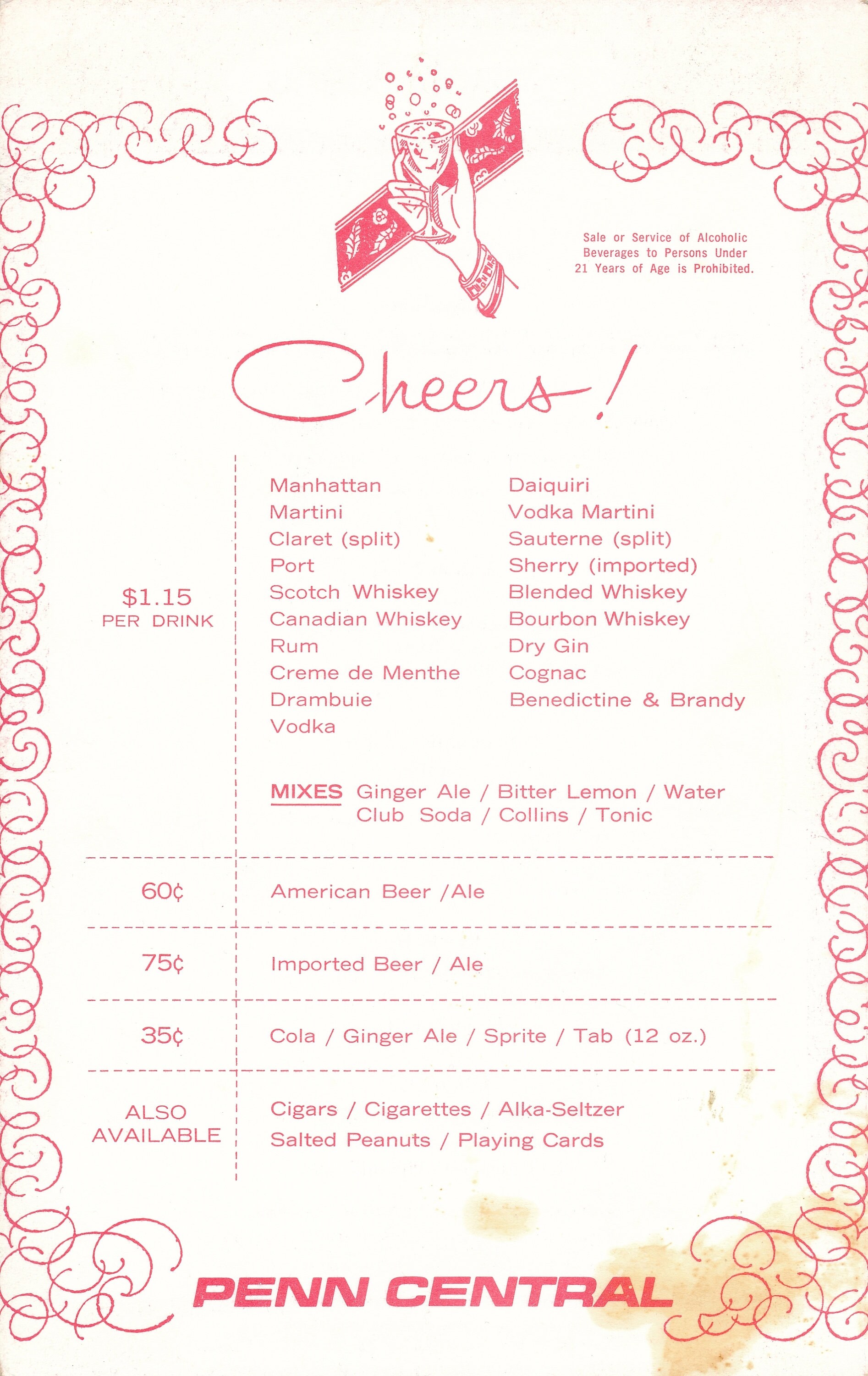 Dining Car Menu: Penn Central Snack and Beverage Menu - Etsy