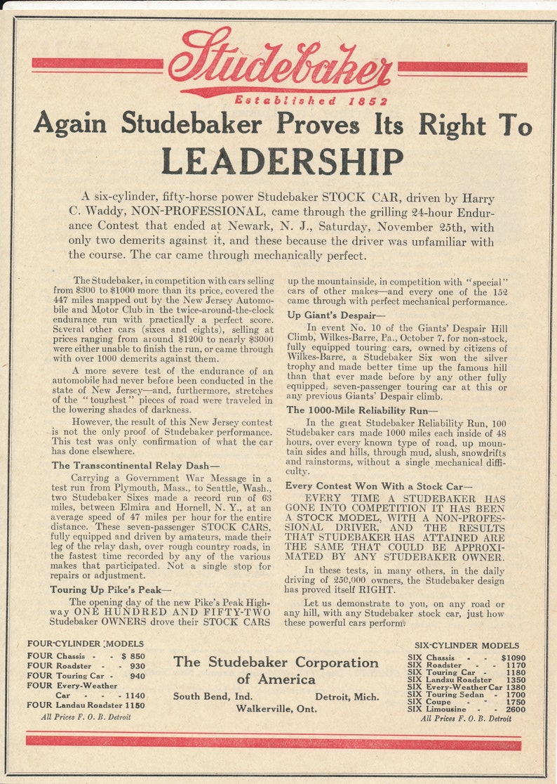 5 Vintage Studebaker Print Ads From the 1910's - Etsy