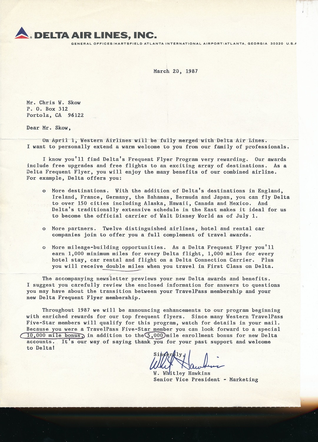 Western Airlines Letter With Notice of Merger With Delta Plus Envelope ...