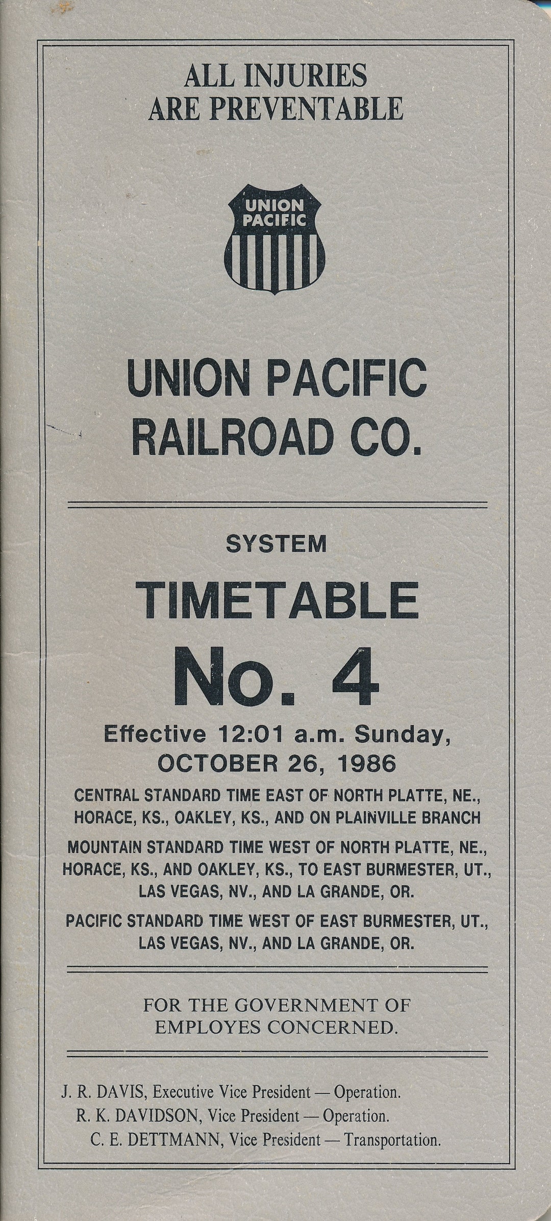 Union Pacific Railroad Employee System Timetable No. 4 October 26 1986 ...