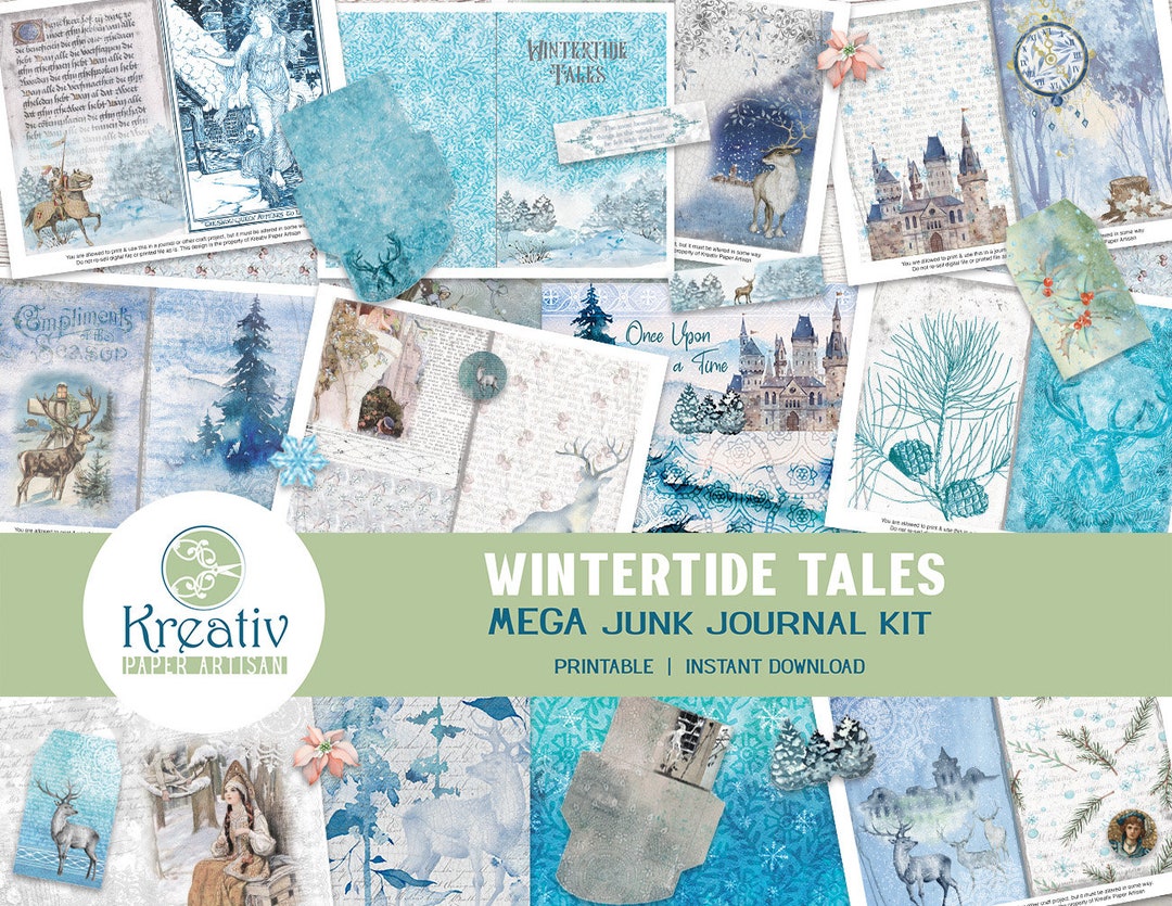 Wintertide Junk Journal Kit, Vintage Snowflakes, Reindeer (printable ...